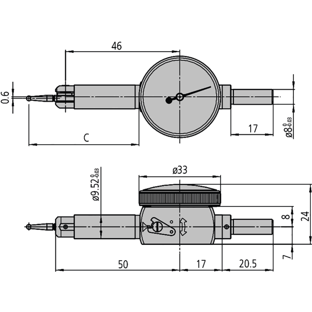 Lever dial indicator 0,5mm (0,01mm) scale 0-25-0, outer ring 33mm ...
