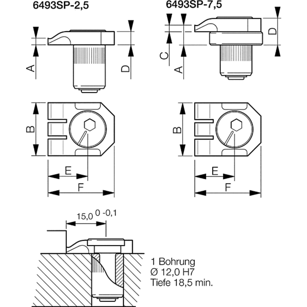 6493SP-2,5 Spannelement, horizontal, Spannkraft [N]=4000, Spannhöhe A ...